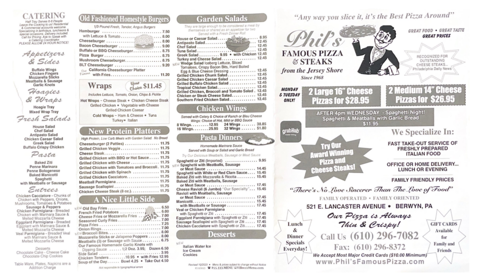 Take Out Menus - Phil's Famous Pizza