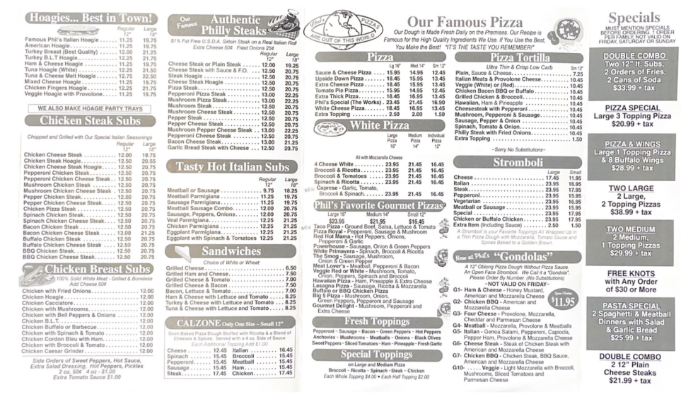 Take Out Menus - Phil's Famous Pizza