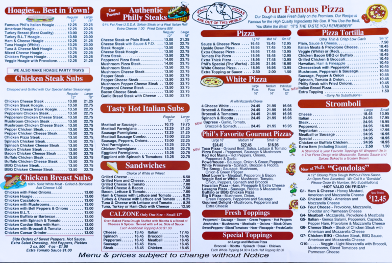 Take Out Menus - Phil's Famous Pizza